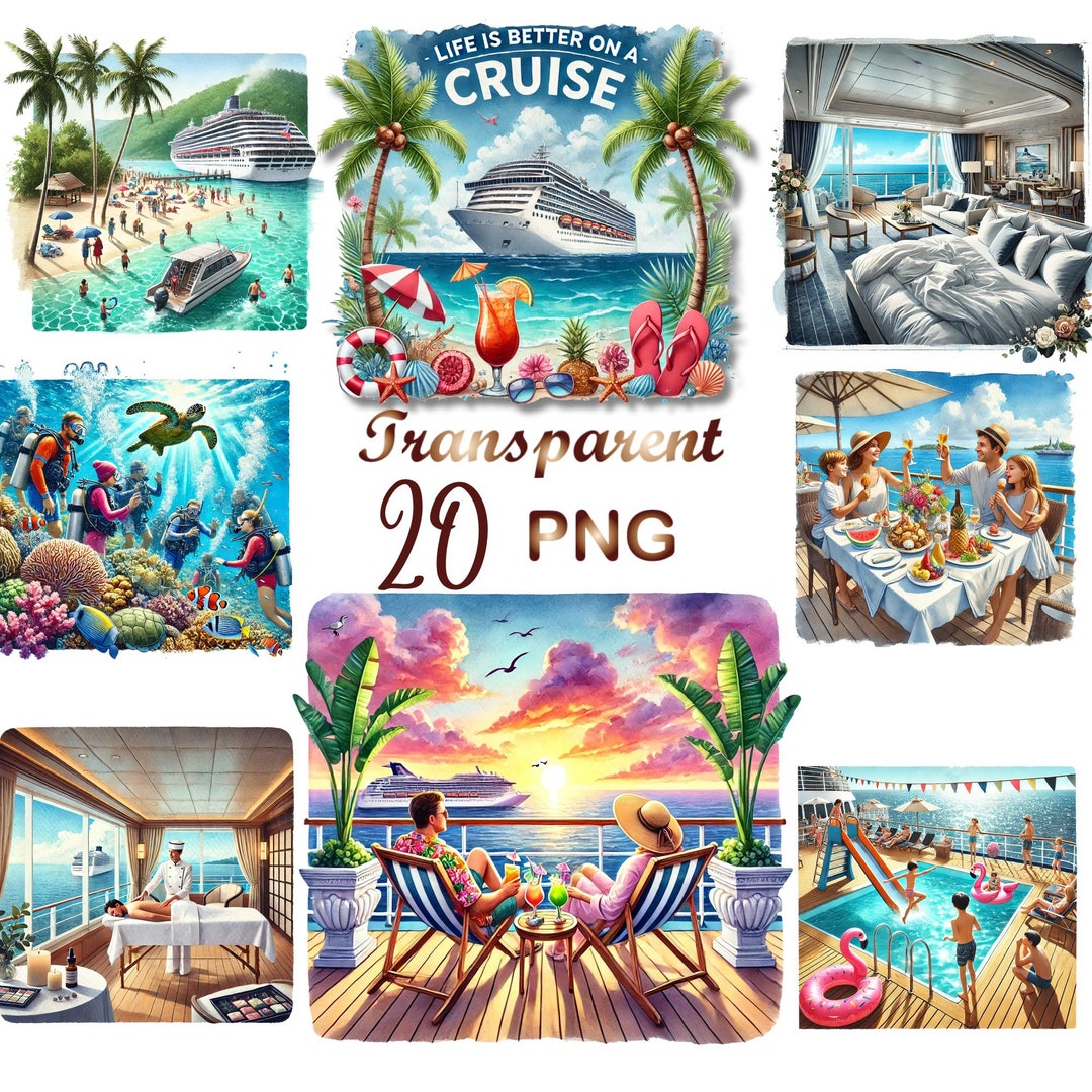 20PNG, Watercolor Cruise Clipart Bundle, Beach and Cruise Ship, Cruise ...