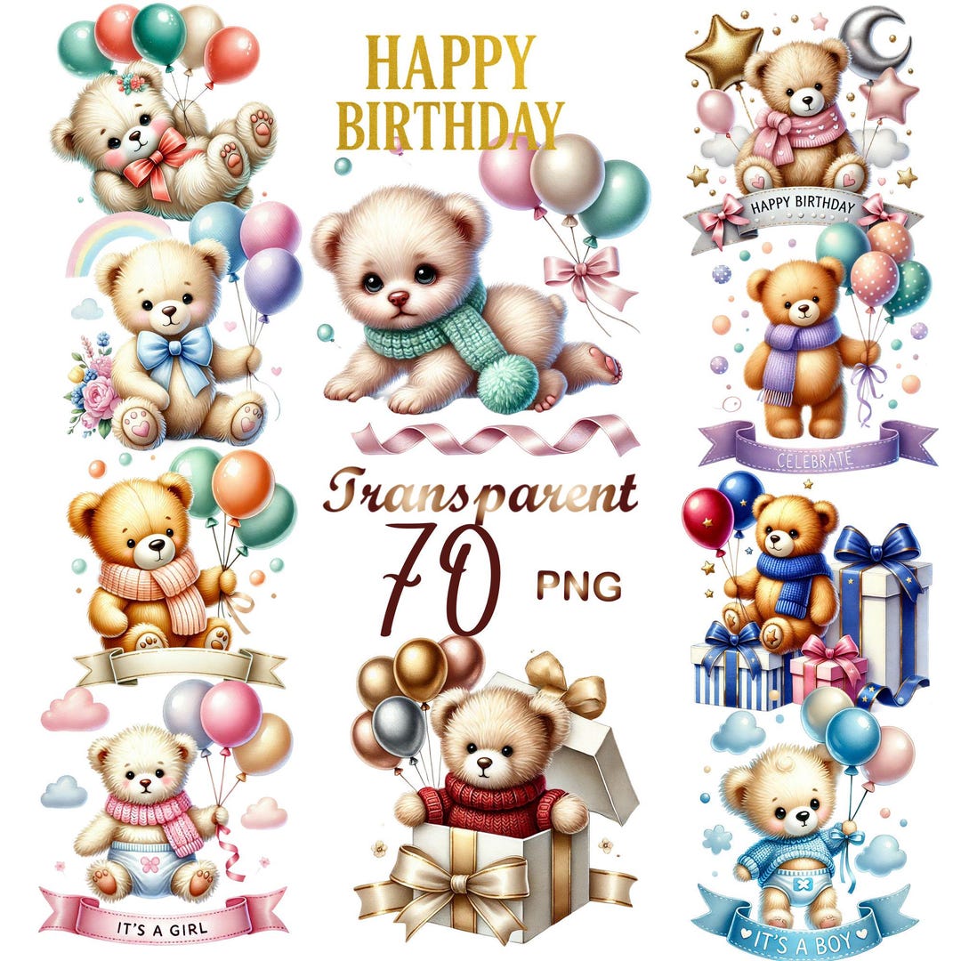 70 PNG Happy Birthday Teddy Bear Clipart Bundle | Baby Teddies, Newborn ...