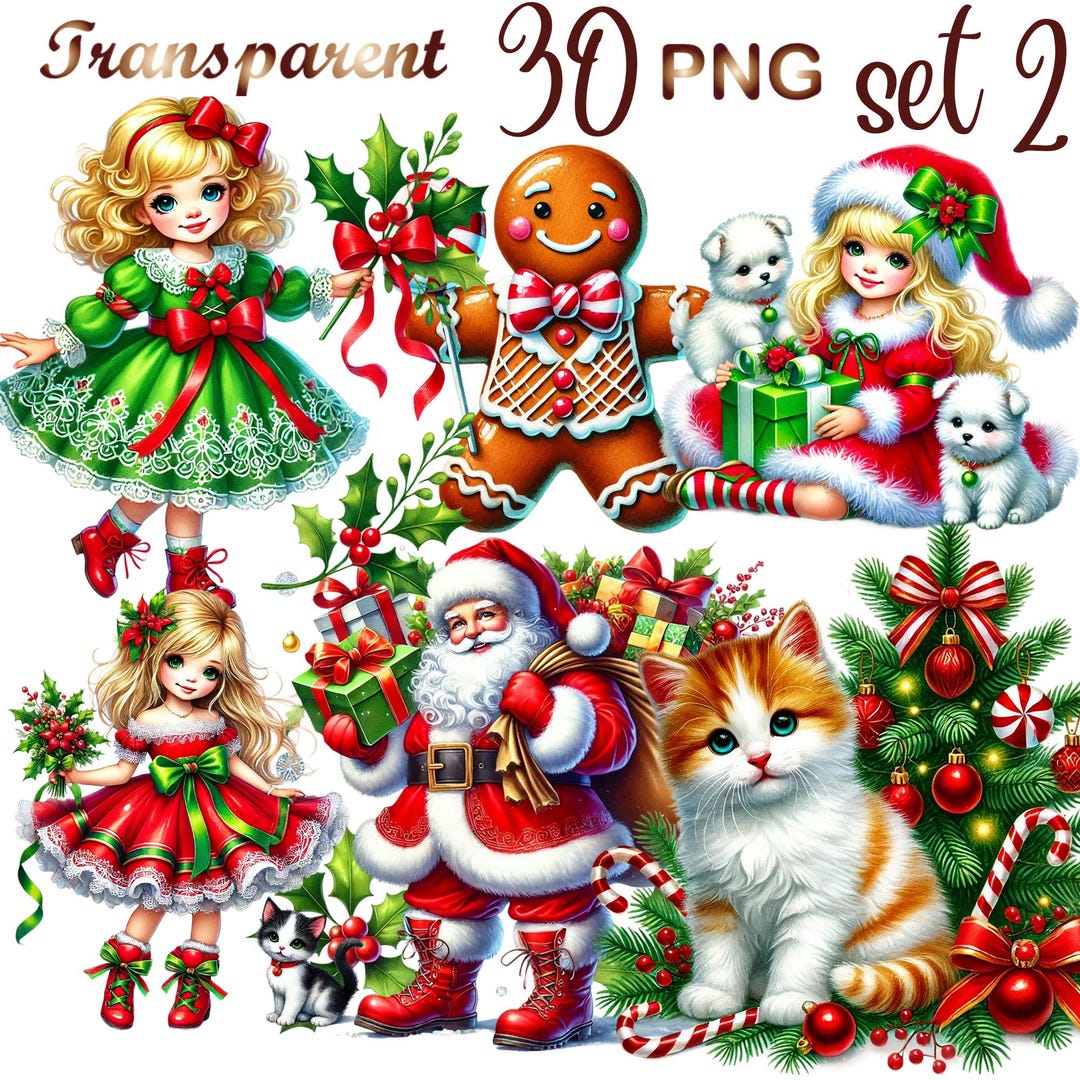 30 PNG Set 2 Rétro Christmas Clipart Bundle, Festive Vintage Clipart ...