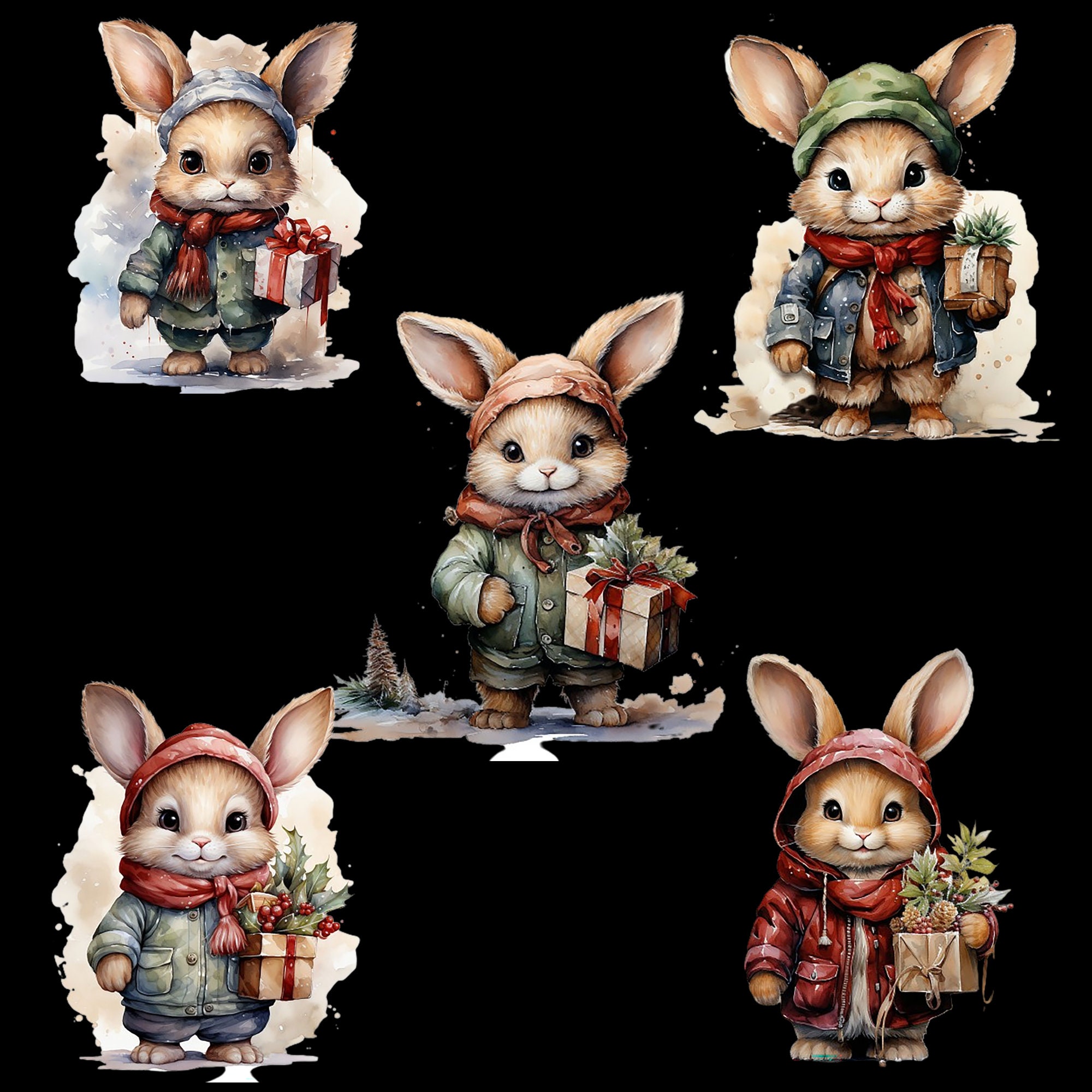 20 Winter Rabbits PNG, Christmas Rabbit Clipart,watercolor Bunny Bundle ...