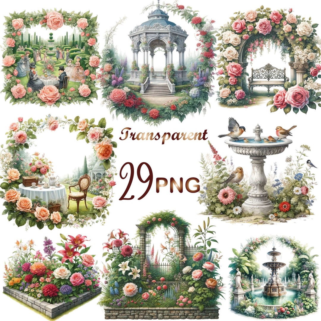 29 PNG, Victorian Garden Clipart Bundle, Watercolor Spring Garden ...