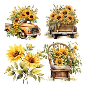 210 PNG, Watercolor Sunflowers Clipart Bundle, Sunflower Wreath, Floral ...