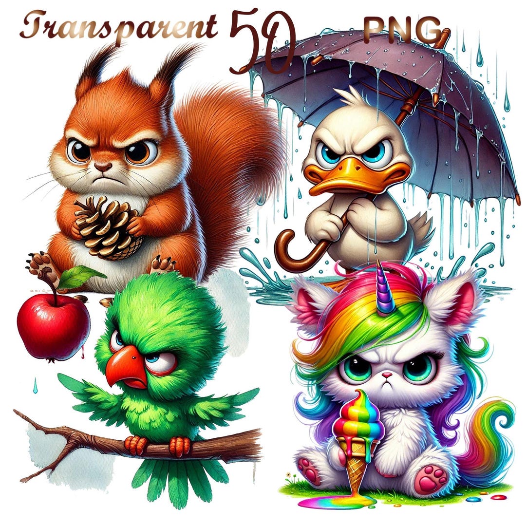 50 PNG Grumpy Safari Animals Clipart Bundle, Funny Grumpy Forest ...