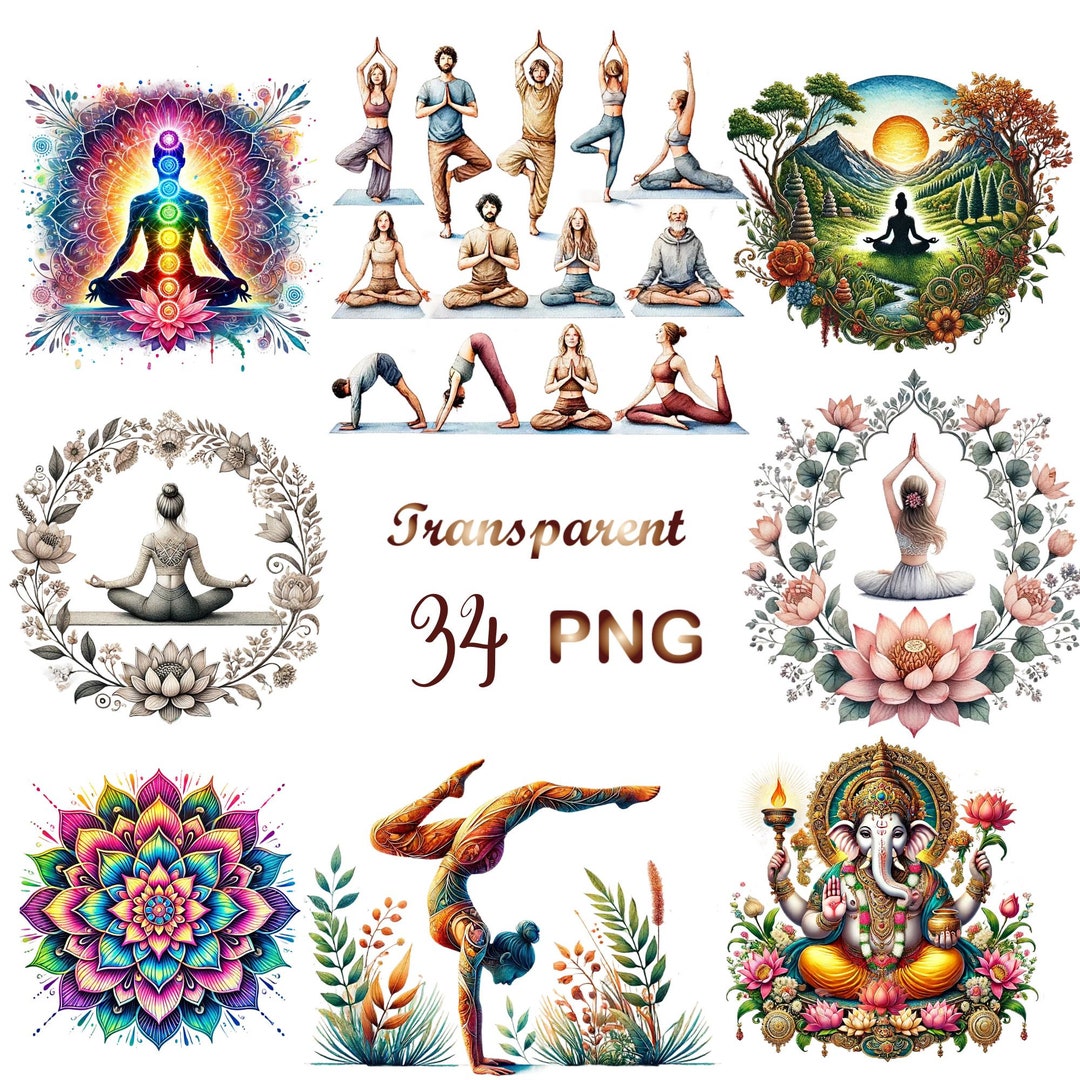 34 PNG, Watercolor Yoga Lover Clipart Bundle, Chakra Designs,meditation ...
