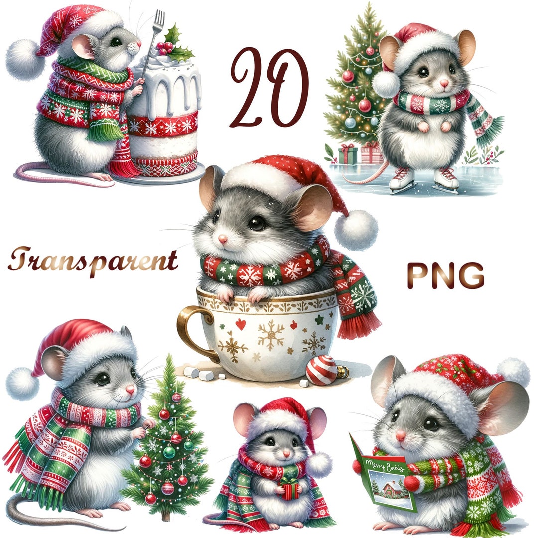 20 PNG, Christmas Mouse Clipart, Set 2, Xmas Mouse Png, Mouse Clipart ...