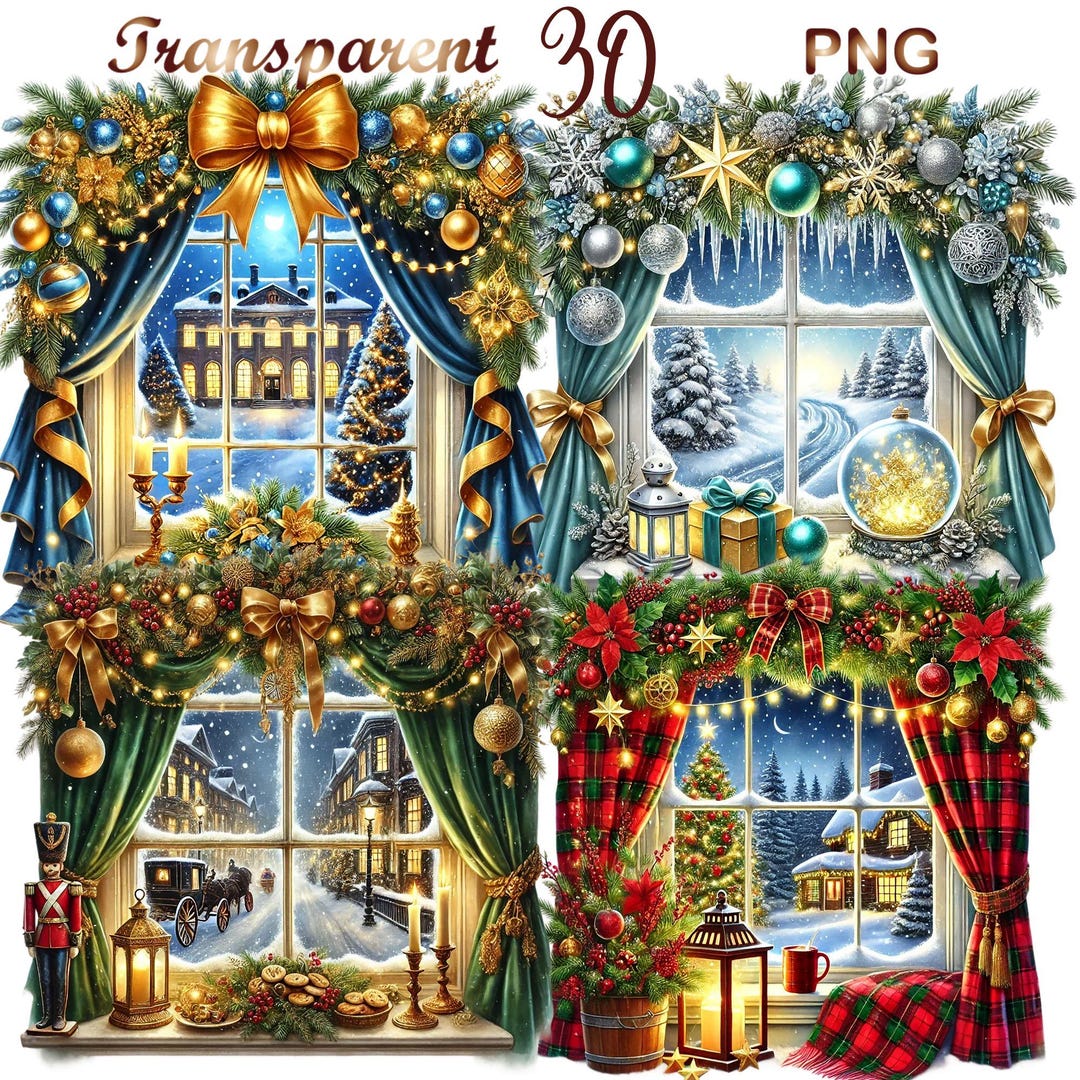 30 PNG Set 2 Christmas Windows Clipart Bundle, Festive Window Scene ...