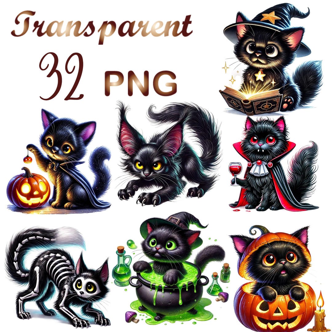 32 PNG, Halloween Cats Clipart Bundle, Halloween Sublimation Digital ...