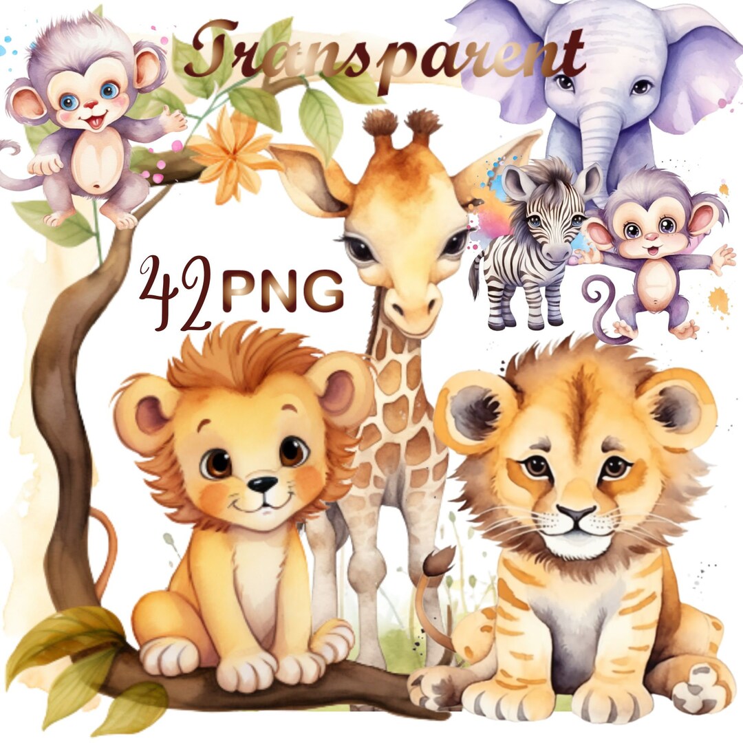 42 Watercolor Safari Baby Animals Clipart,baby Shower Jungle,african ...