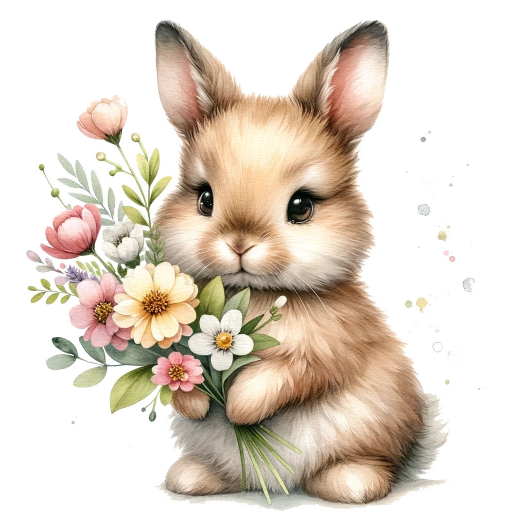 12 PNG/JPG, Watercolor Pastel Rabbit Clipart, Bunnies PNG, Floral Bunny ...