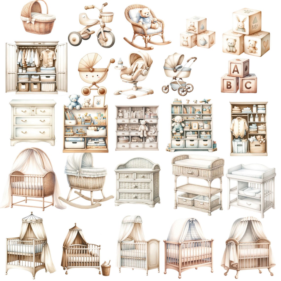120 PNG, Gender Neutral Baby Shower Clipart Bundle, Newborn Clipart ...