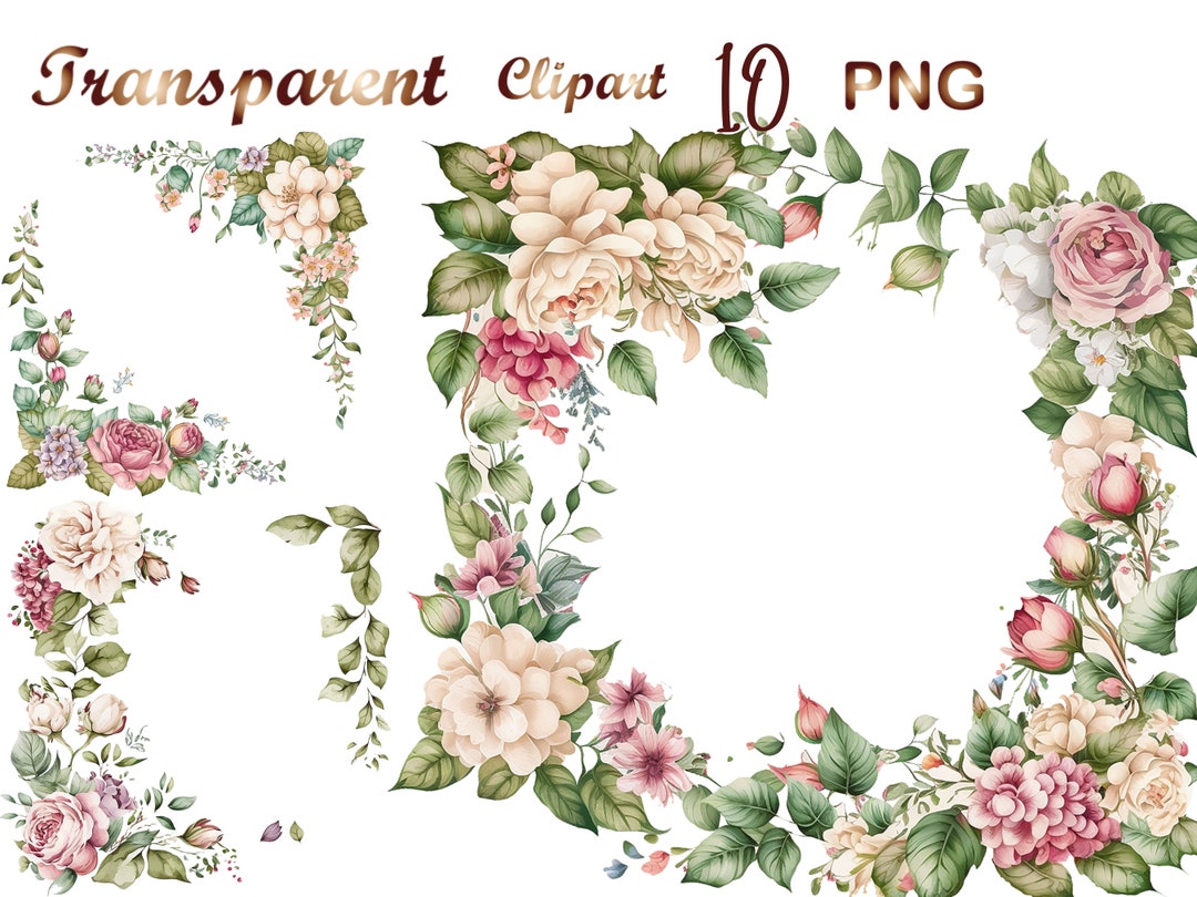 10 Pastel Rose Border Png, Flowers Png, Flower Bouquet Png, Digital ...