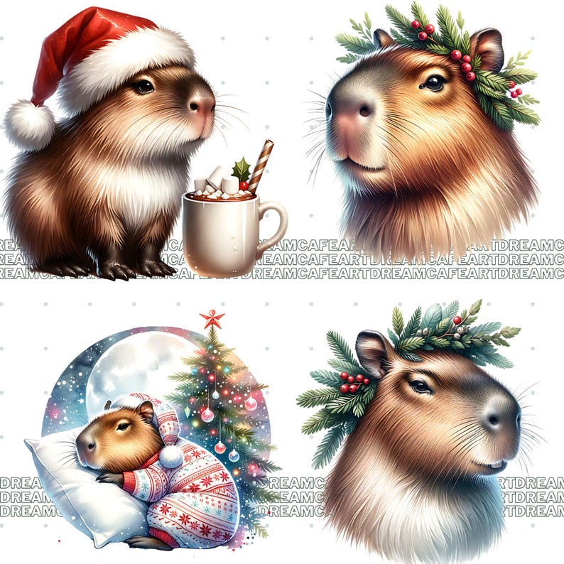 25 PNG Christmas Capybara Clipart Bundle | Cute Holiday Capybaras ...