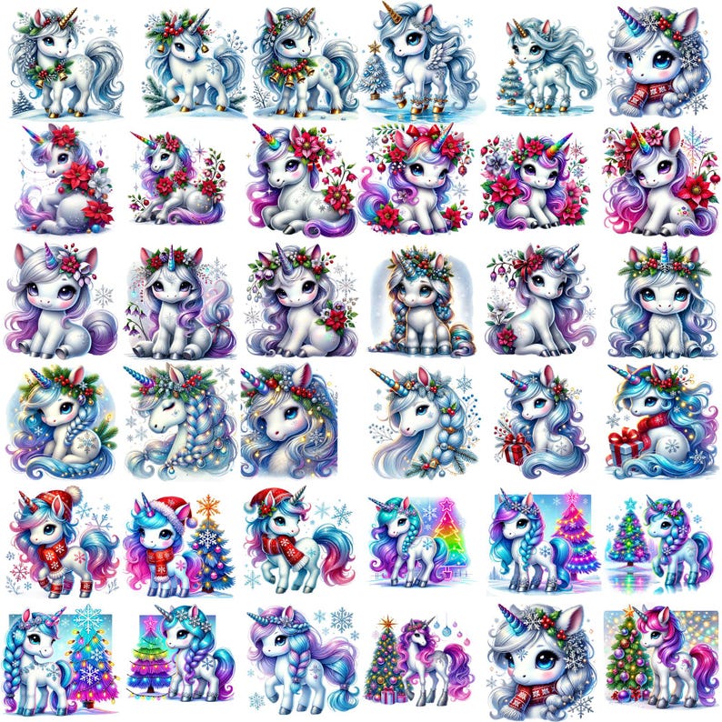 60 JPG, Christmas Unicorn Clipart Bundle, Winter Unicorn Clipart, Cute ...