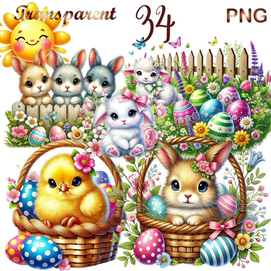 34 PNG Set 5 Easter Clipart Bundle, Spring Holiday Llustrations Designs ...