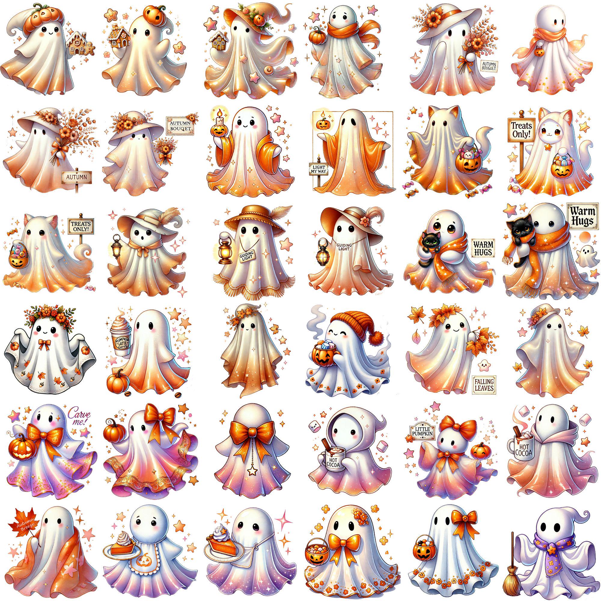 60 PNG, Funny Ghost Halloween Clipart Bundle, Watercolor Cute Pumpkin ...