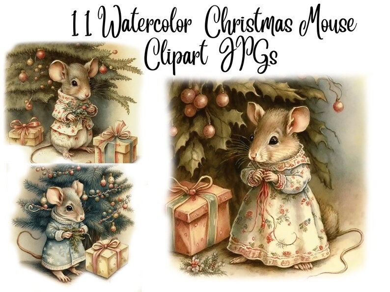 Christmas Mouse Watercolor Clipart: Festive Mice Jpgs (digital Download ...