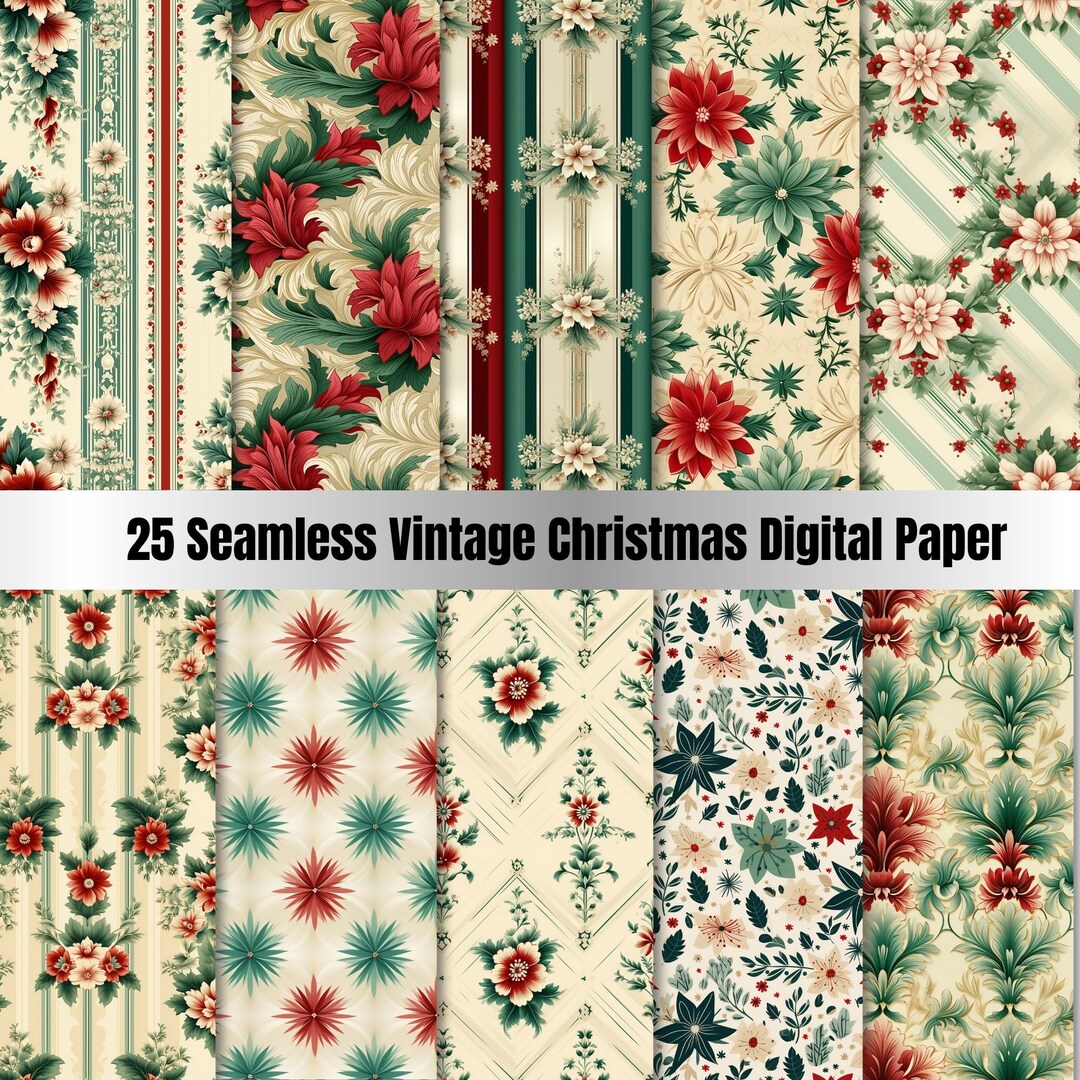 25 Seamless Christmas Vintage Digital Paper, Christmas Flower ...