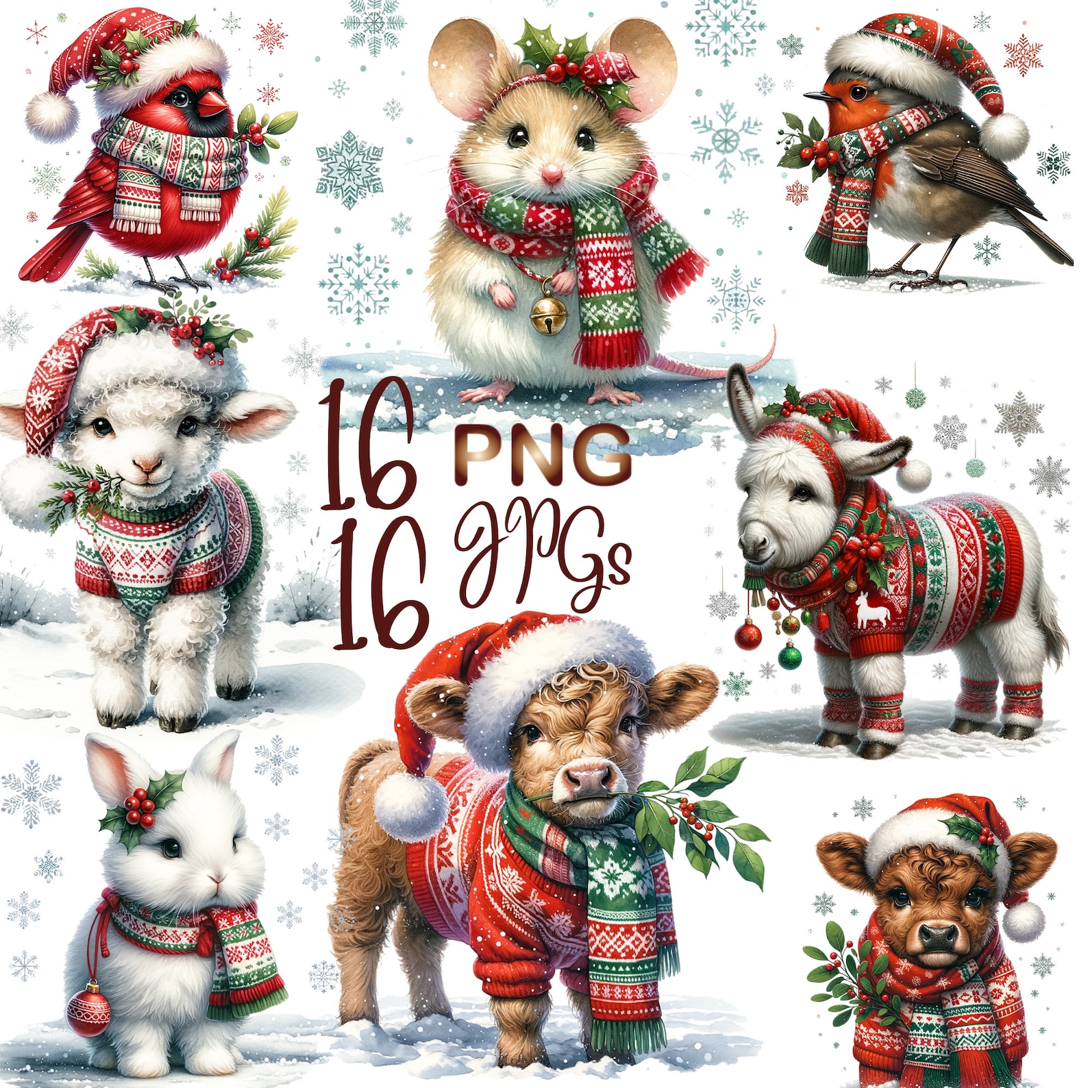 16 PNG/JPG Christmas Animals Cliprt, Transparent PNG, Watercolor Winter ...