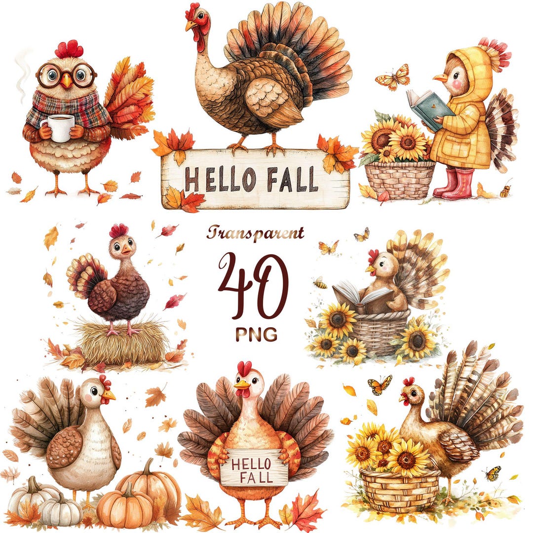 40 PNG Fall Turkey Clipart | Hello Fall | Cute Thanksgiving Birds ...