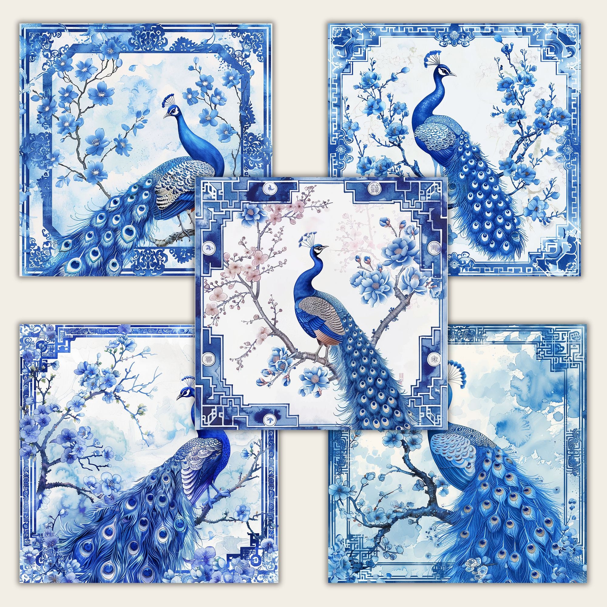 50 Delft Blue Tiles Background Digital Paper Set, Blue Flowers Junk ...