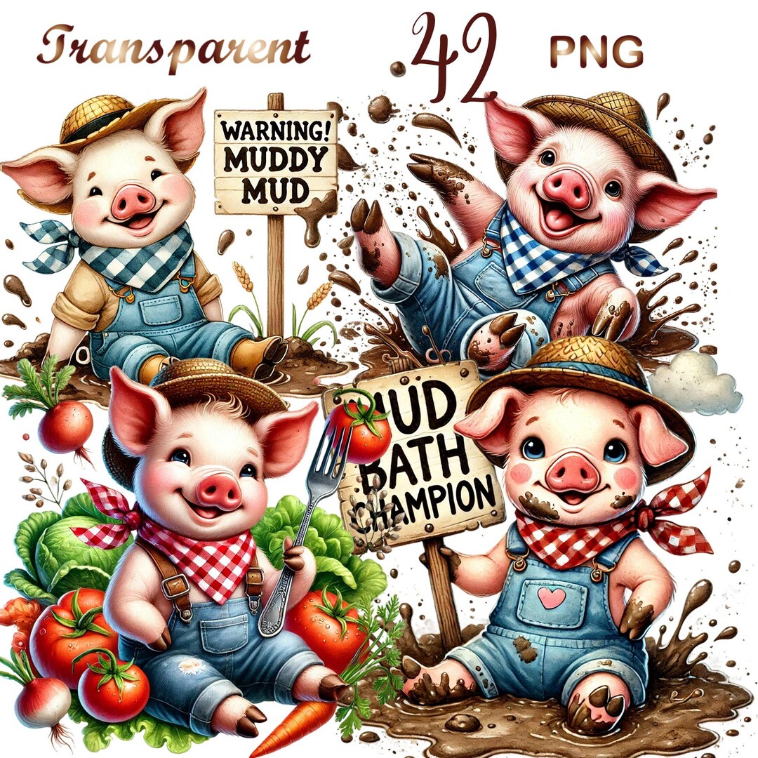 42 PNG Pigs Clipart Bundle, Cute Adorable Piggy Graphics Designs, Farm ...