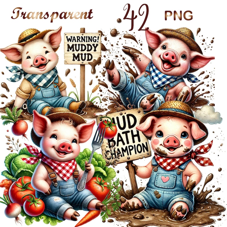 42 PNG Pigs Clipart Bundle, Cute Adorable Piggy Graphics Designs, Farm ...