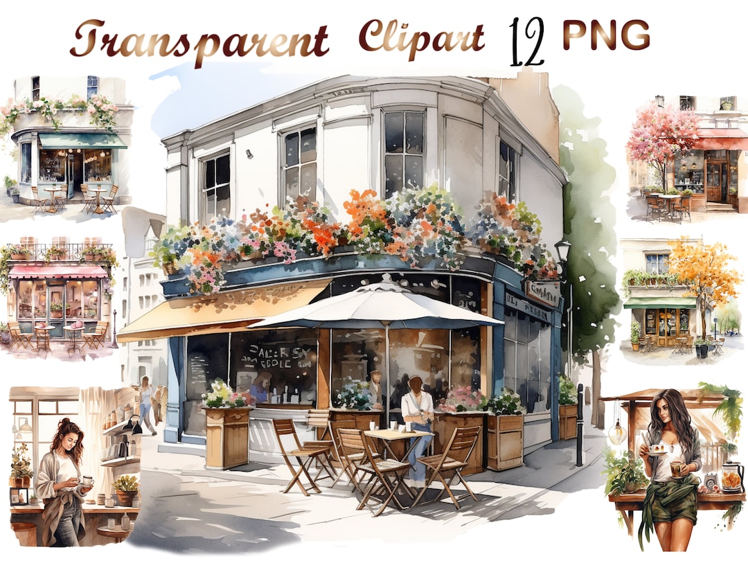 12 Watercolor Spring Coffee Shop Clipart,png, Collage Spring Cafe ...