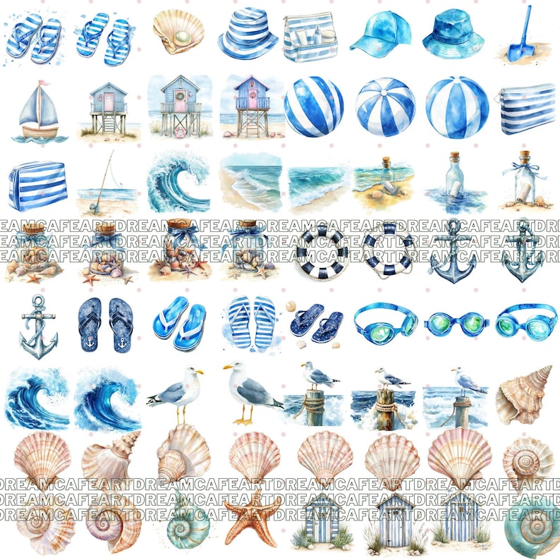 Watercolor Nautical Collection Clipart, 150 PNG Beach Clipart Bundle ...