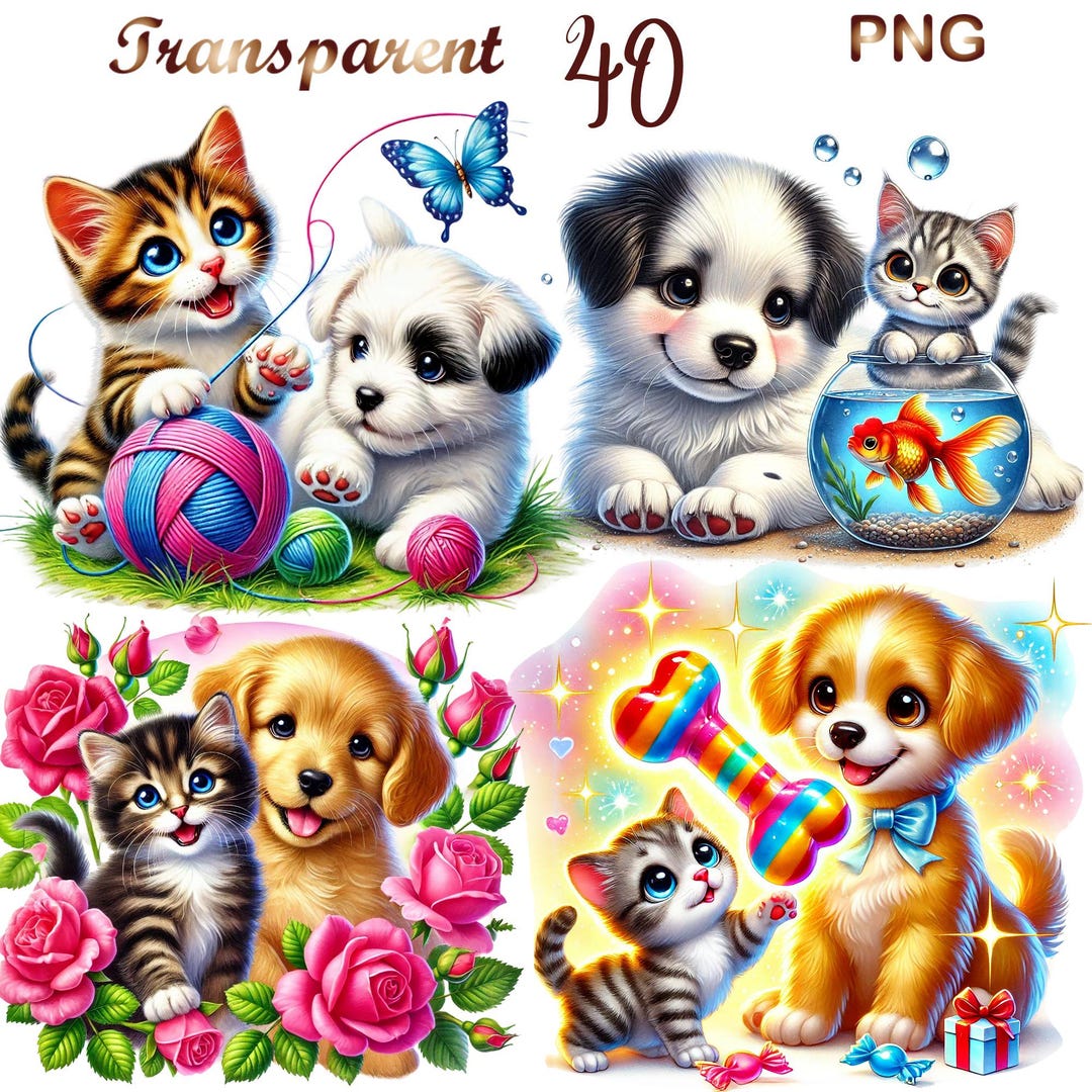 40 PNG Set 1 Cats & Dogs Friends Clipart Bundle, Cute Little Pet Cat ...