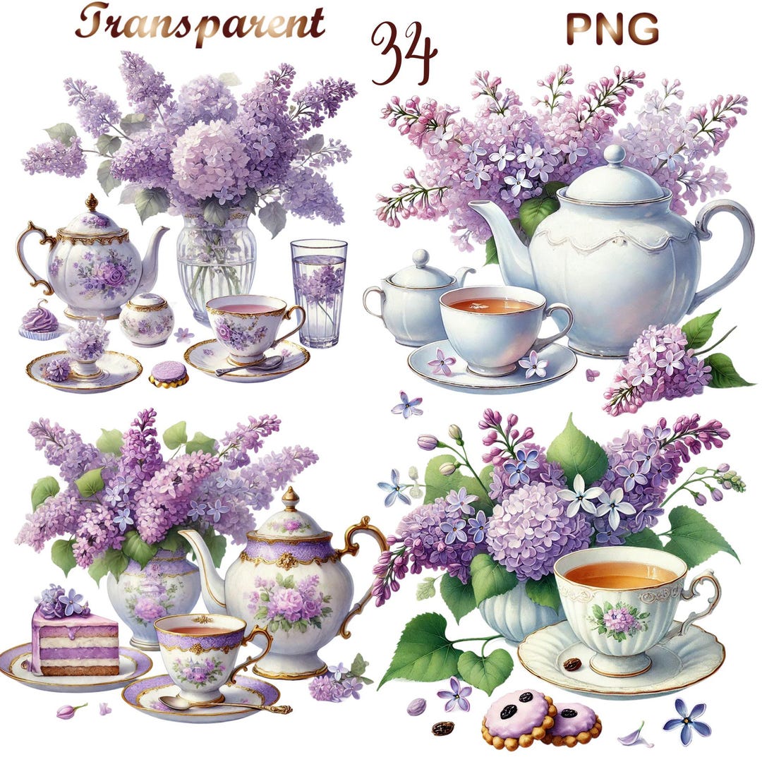 34 PNG Pastel Vintage Floral Tea Time Clipart Bundle, Spring Tea Party ...