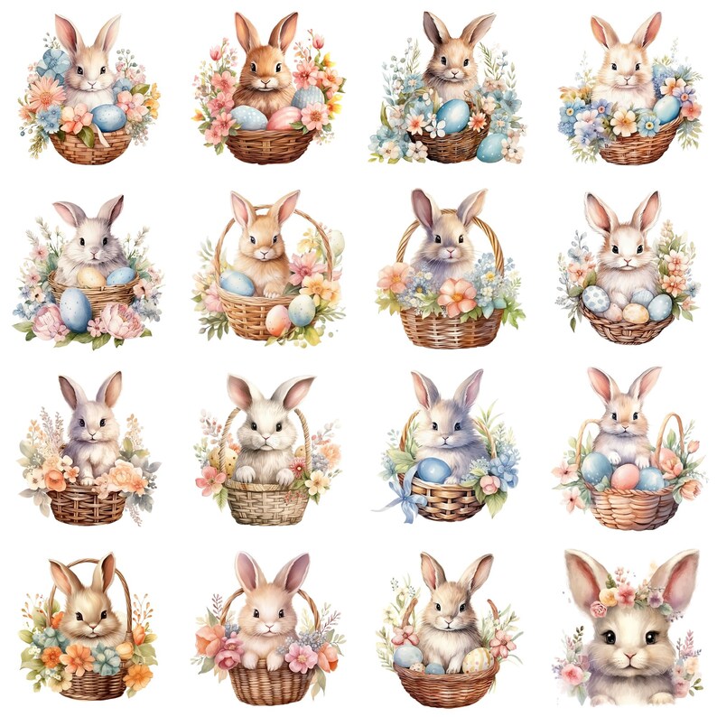 30 PNG, Pastel Easter Bunny Clipart Bundle, Spring Clipart, Bunny ...