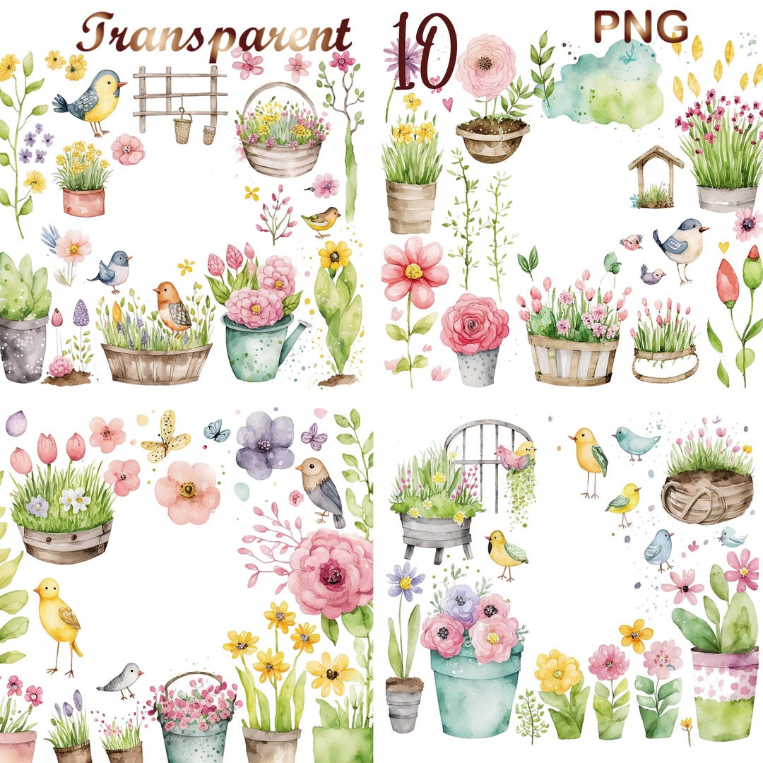 10 PNG and 10 JPG, Watercolor Garden Clipart, Spring Garden Clipart ...