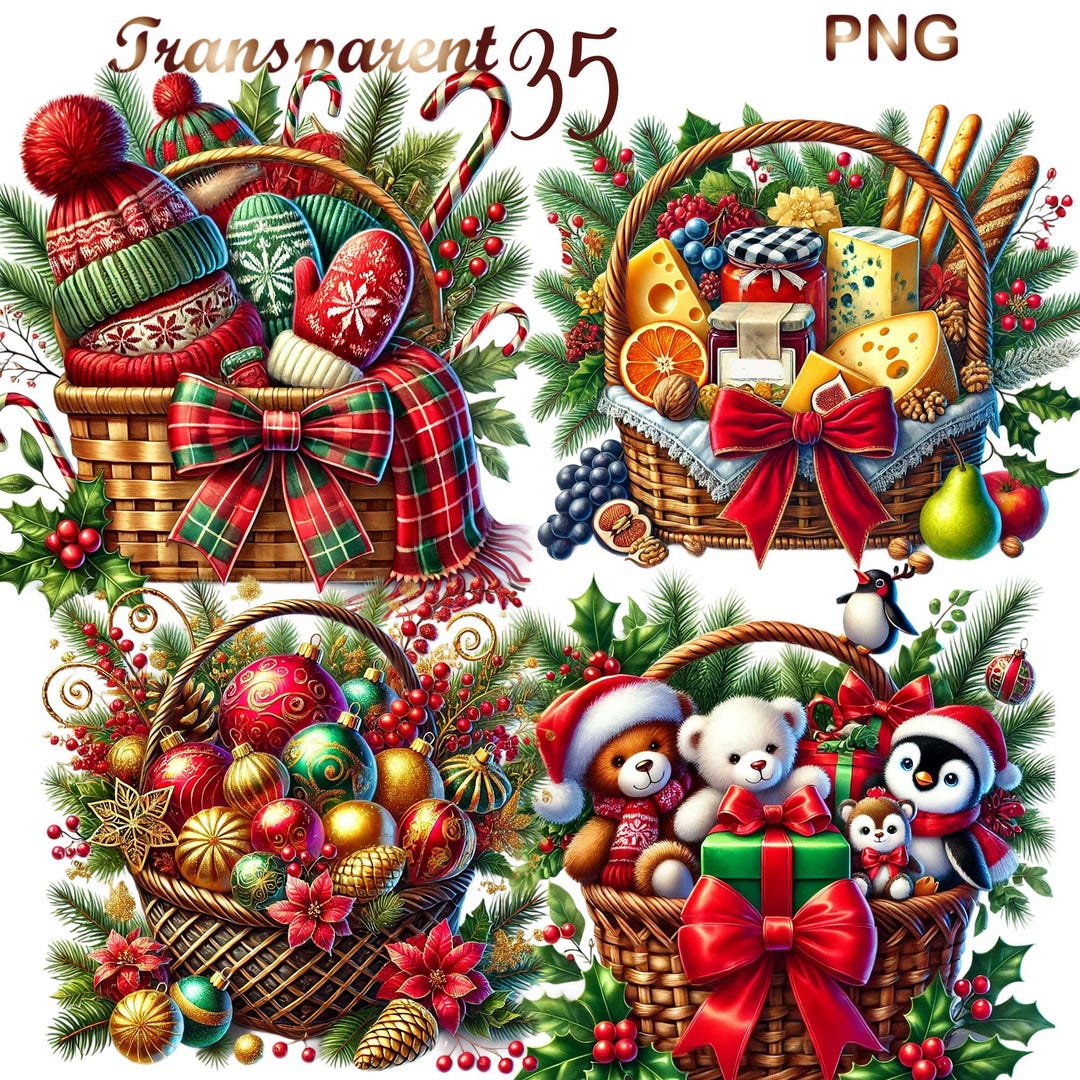 35 PNG Set 1 Christmas Baskets Clipart Bundle, Holiday Festive Gift ...