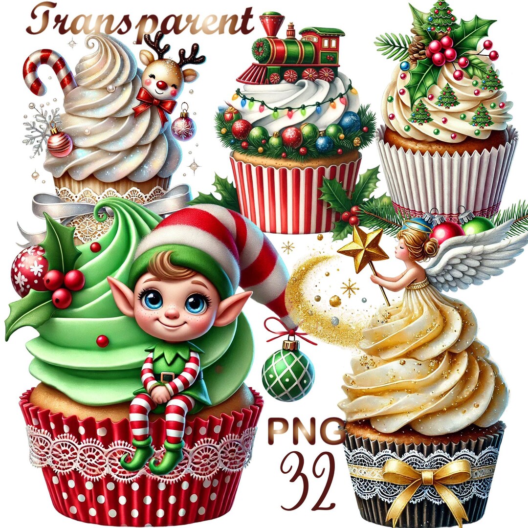 32 PNG, Christmas Cupcakes Clipart Bundle, Set2, Festive Holiday ...