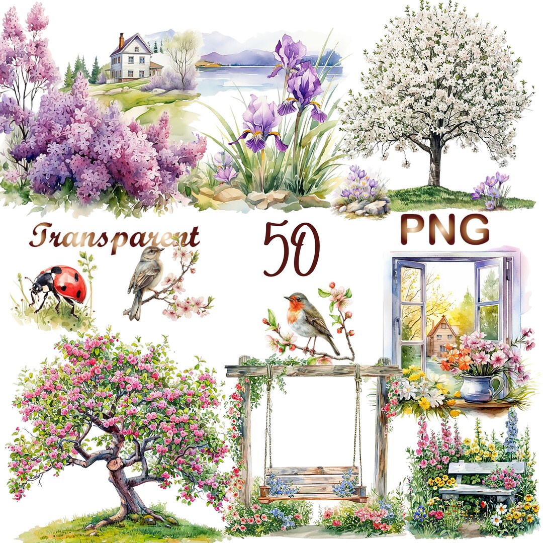 50 Spring Flowers Watercolor Clipart PNG, Spring Garden Flowers Png ...