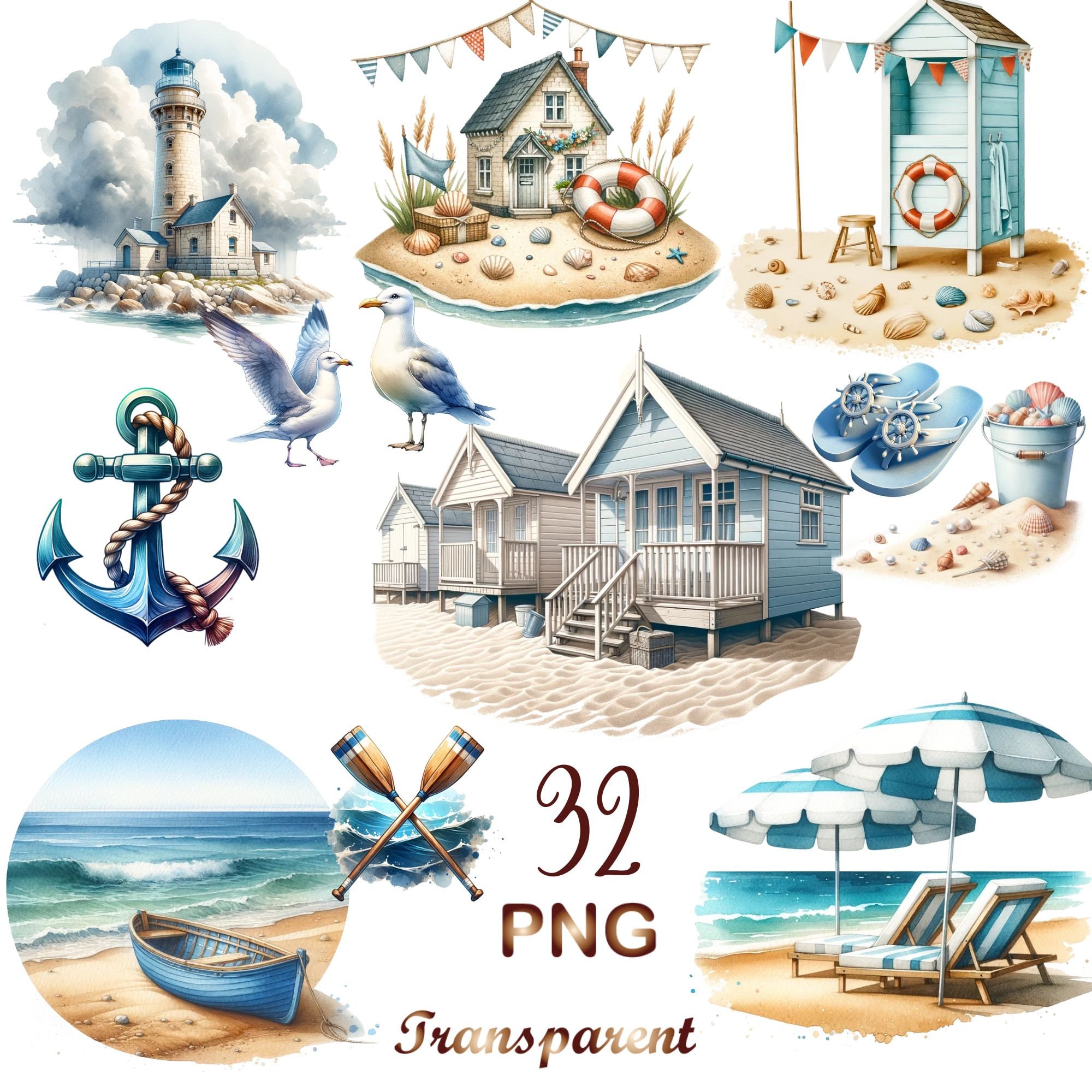 32 PNG Watercolor Nautical Collection Clipart, Beach Clipart Bundle ...