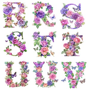 36+ PNG, Watercolor Rose Alphabet Collection Clipart, Roses Butterflies ...