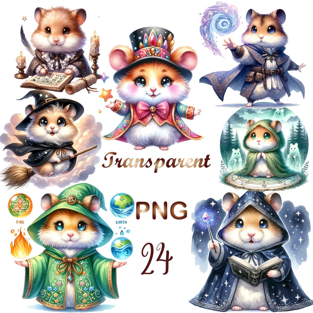 24 PNG, Watercolor Hamster Magician Clipart Bundle, Hamster Clipart ...