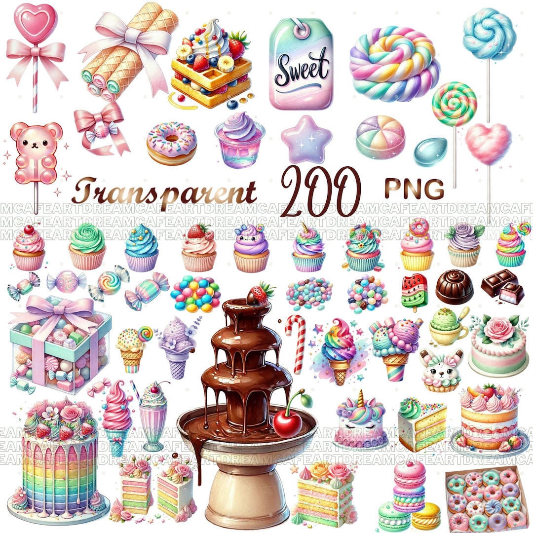 200 PNG Pastel Sweets Clipart Bundle – Candy Desserts, Cute Cakes, Ice ...