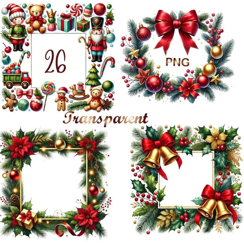 26 PNG Christmas Frames Clipart Bundle, Holiday Festive Border Graphics ...