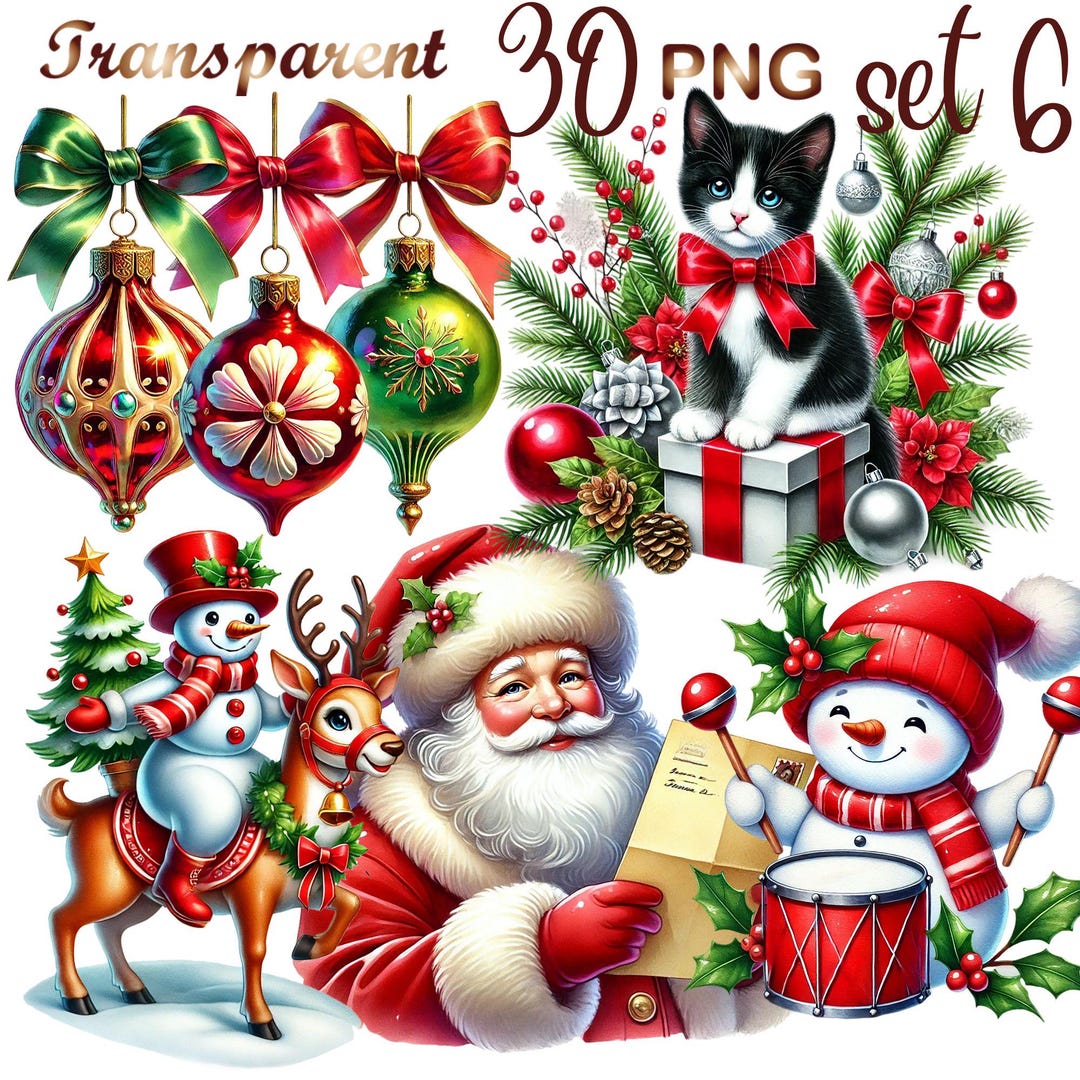 30 PNG Set 6 Rétro Christmas Clipart Bundle, Festive Vintage Clipart ...