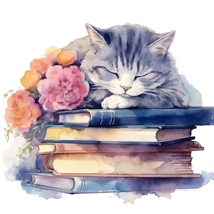 14 Watercolor Cute Kittens Sleeping on Stack of Books Clipart, Jpgs ...