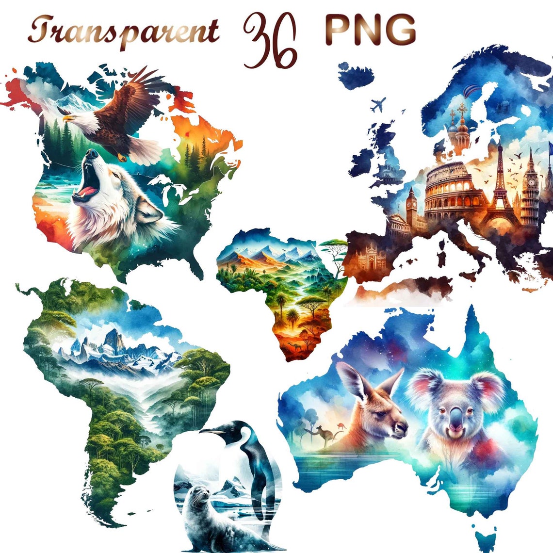 36 Continent Clipart Bundle, Continent Art, Continent Map, Continent ...