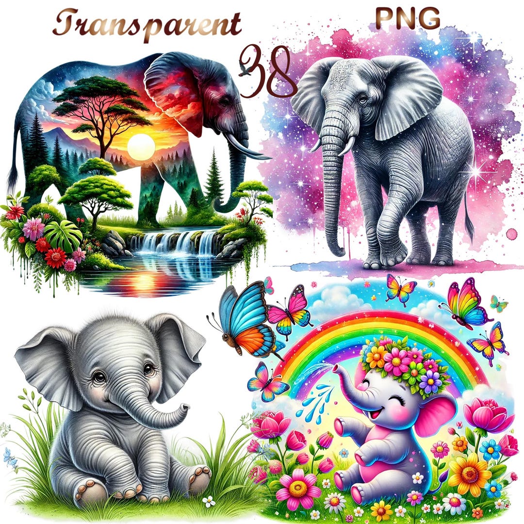 38 PNG Elephants Clipart Bundle, Elephant Boho Clipart,cute Elephant ...