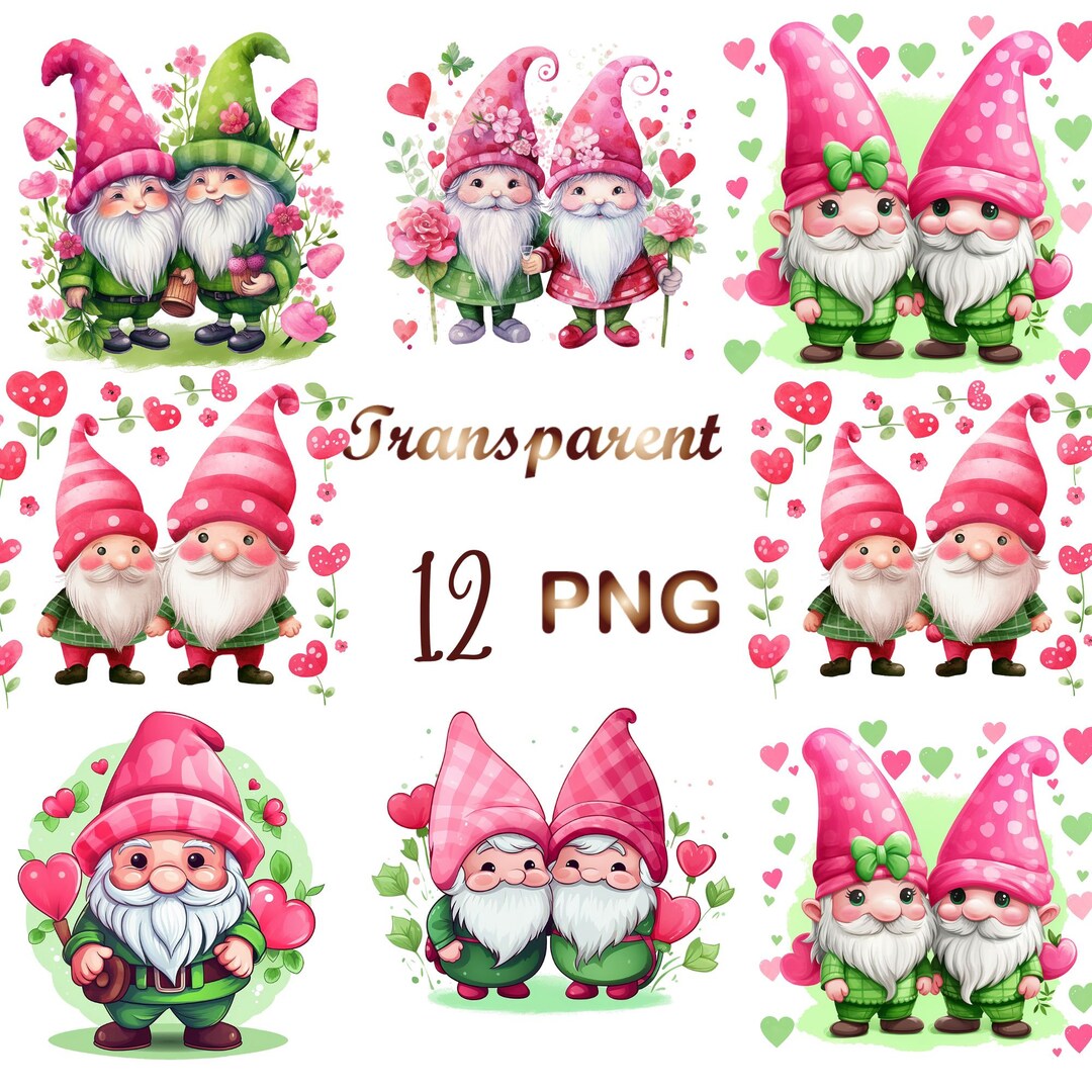 12 Watercolor Pink Valentines Gnomes Clipart Png,valentines Gnomes High ...