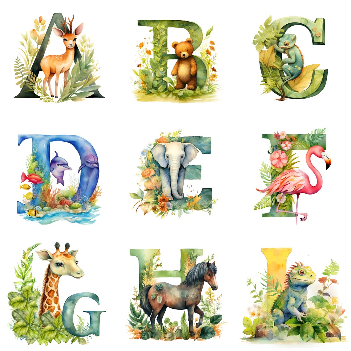 28 Cute Animal Alphabet Digital Watercolor Clipart, High-resolution ...
