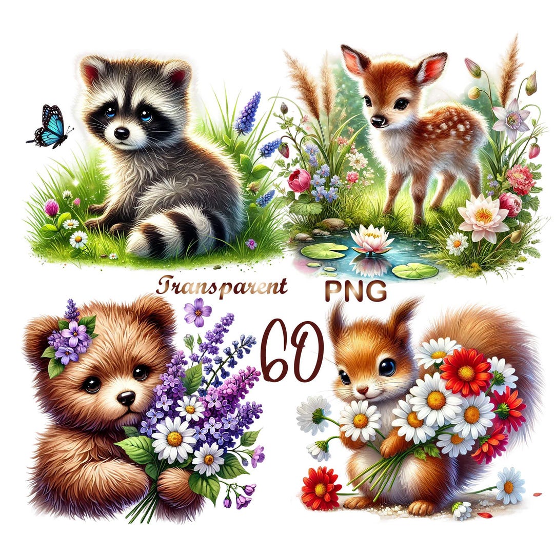 60 PNG Cute Baby Animals Clipart Bundle, Spring Nursery & Woodland ...