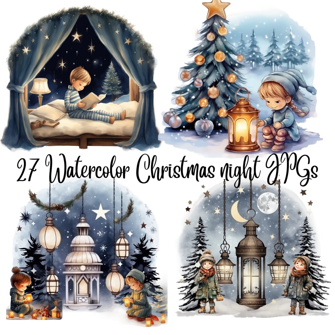 27 Watercolor Christmas Night Clipart, Jpgs, Commercial Use,digital ...