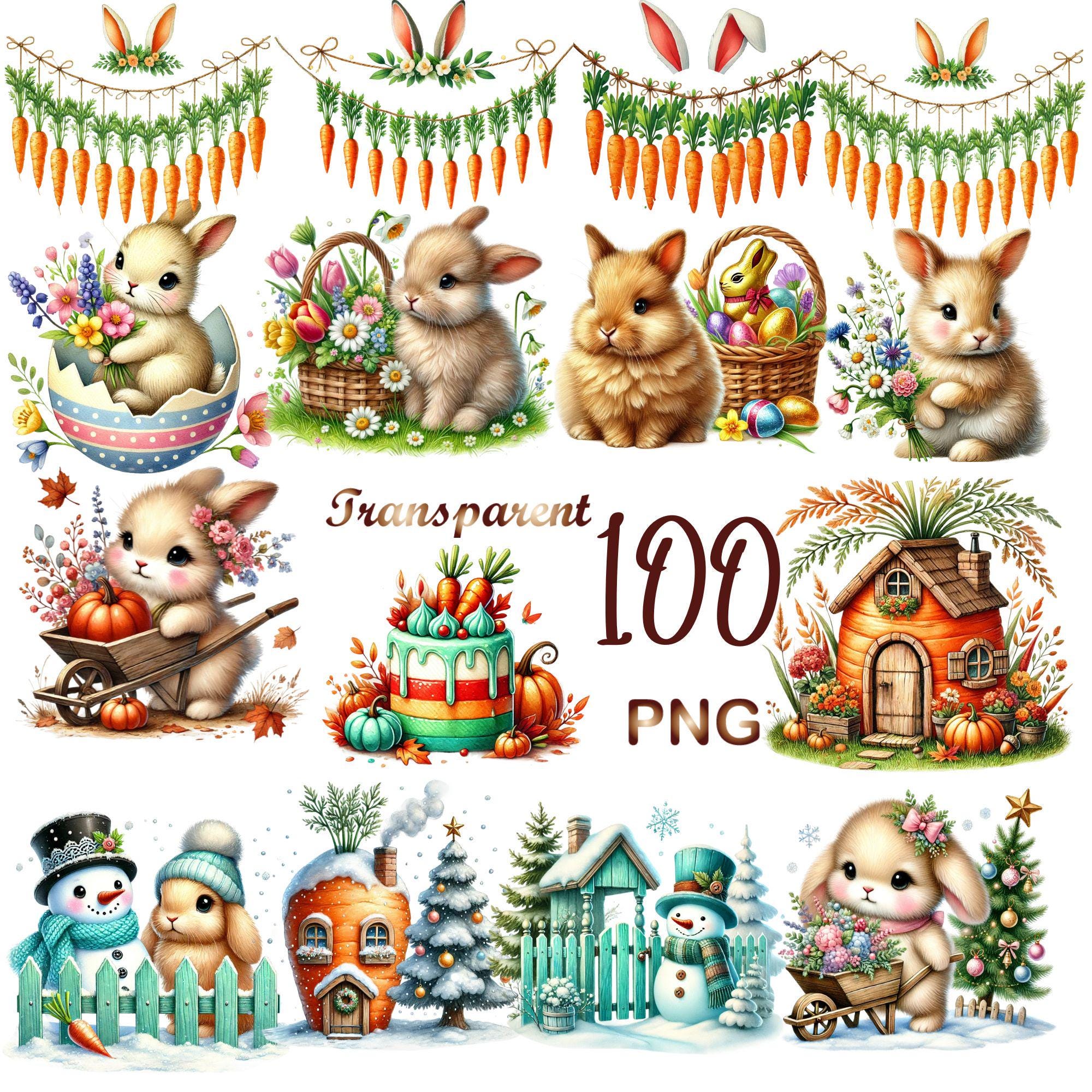 100 PNG Watercolor Rabbit Clipart Bundle, Bunnies PNG, Floral Bunny ...