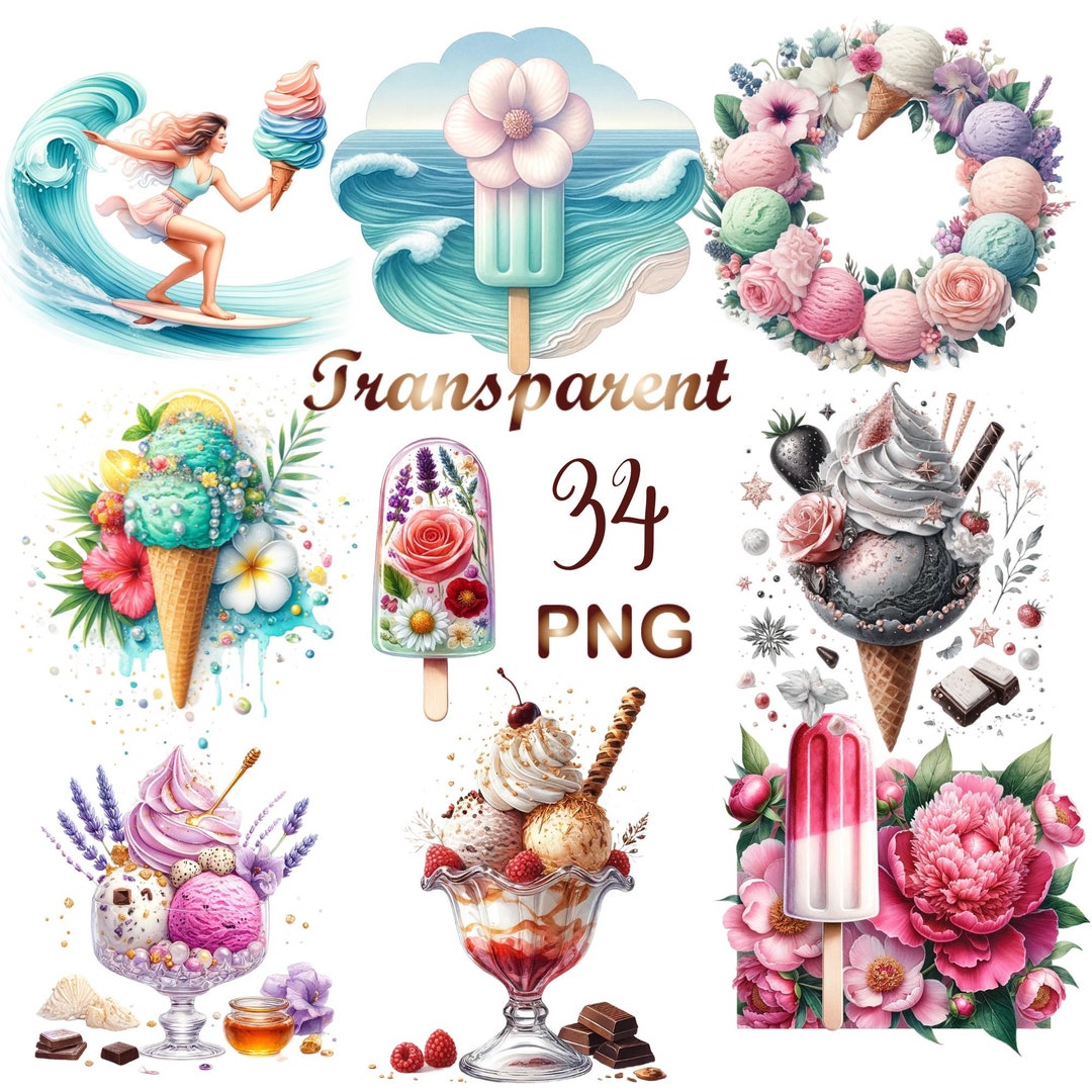 34 PNG, Watercolor Ice Cream Clipart Bundle, Ice Cream Clipart Bundle ...